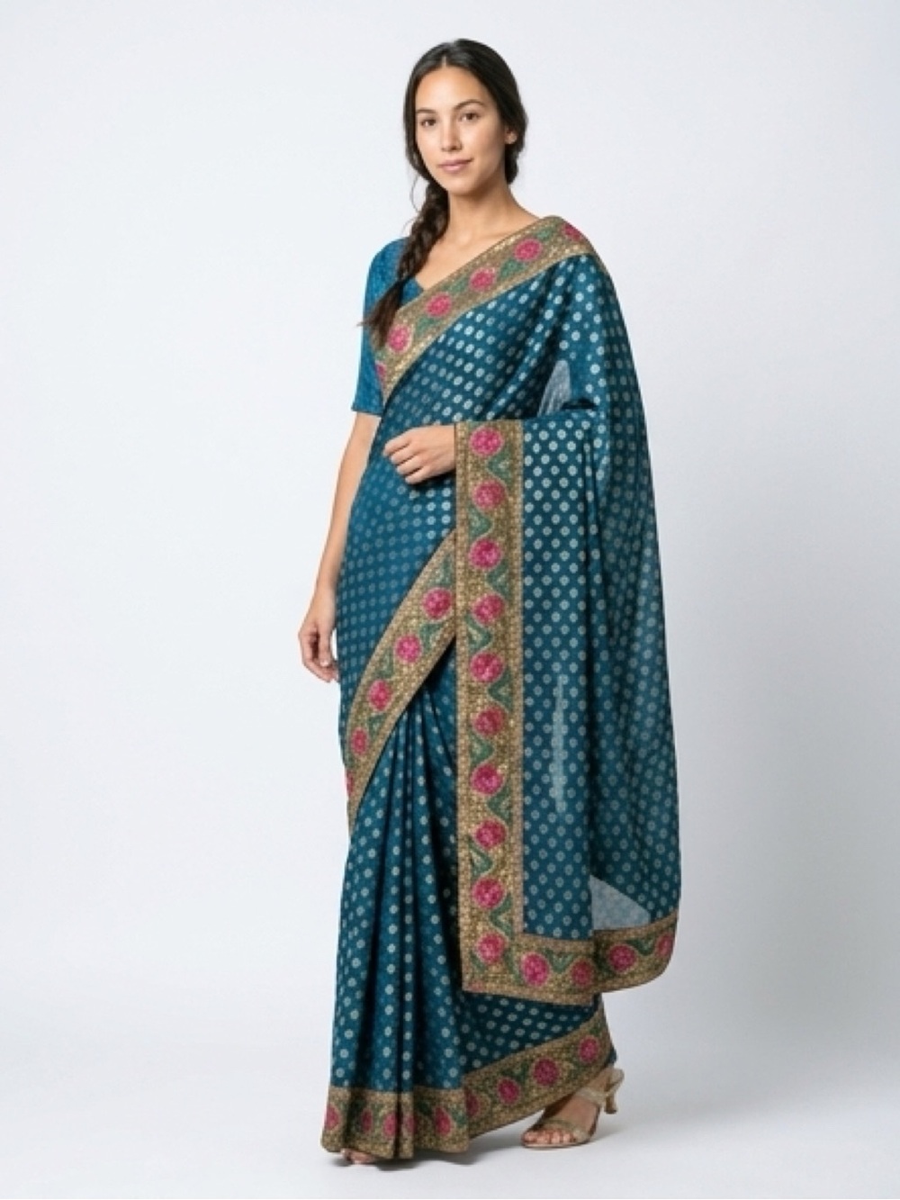 Sarees | Teal Blue Embroidered Floral Saree With Gold Border | Poshmark